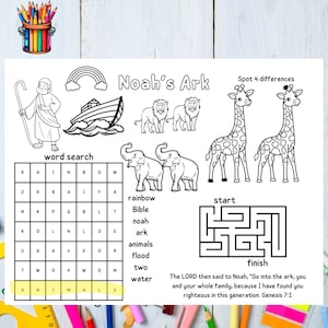 Noah's Ark Activity Coloring Placemats, Bible Verse Coloring Activity ...