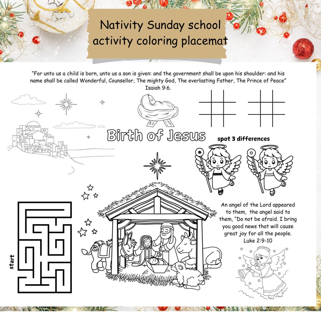 Christmas Nativity Coloring Activity Placemat Printable, Christian ...