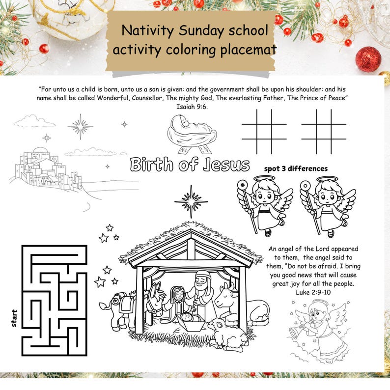 Christmas Nativity Coloring Activity Placemat Printable, Christian ...