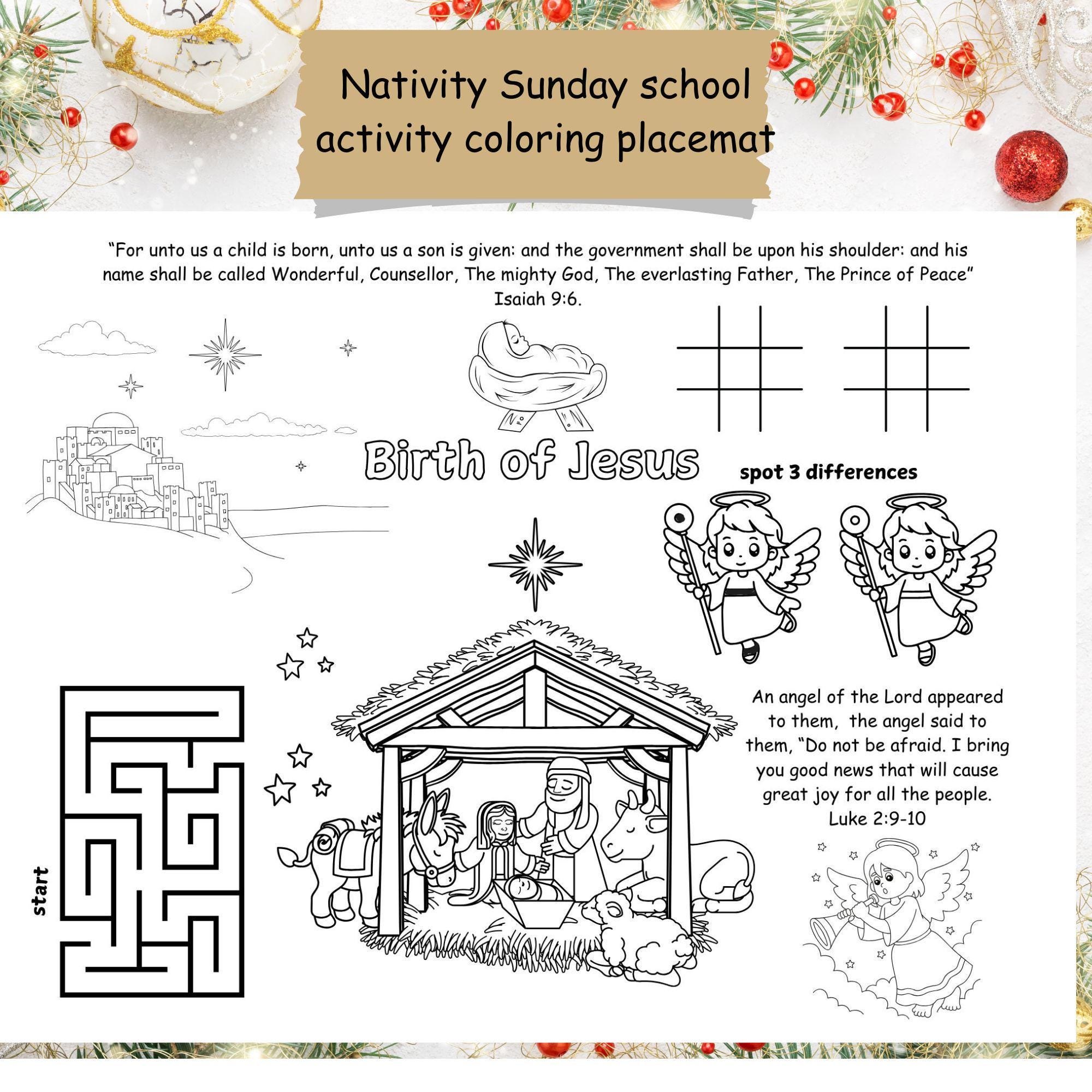 Christmas Nativity Coloring Activity Placemat Printable, Christian ...