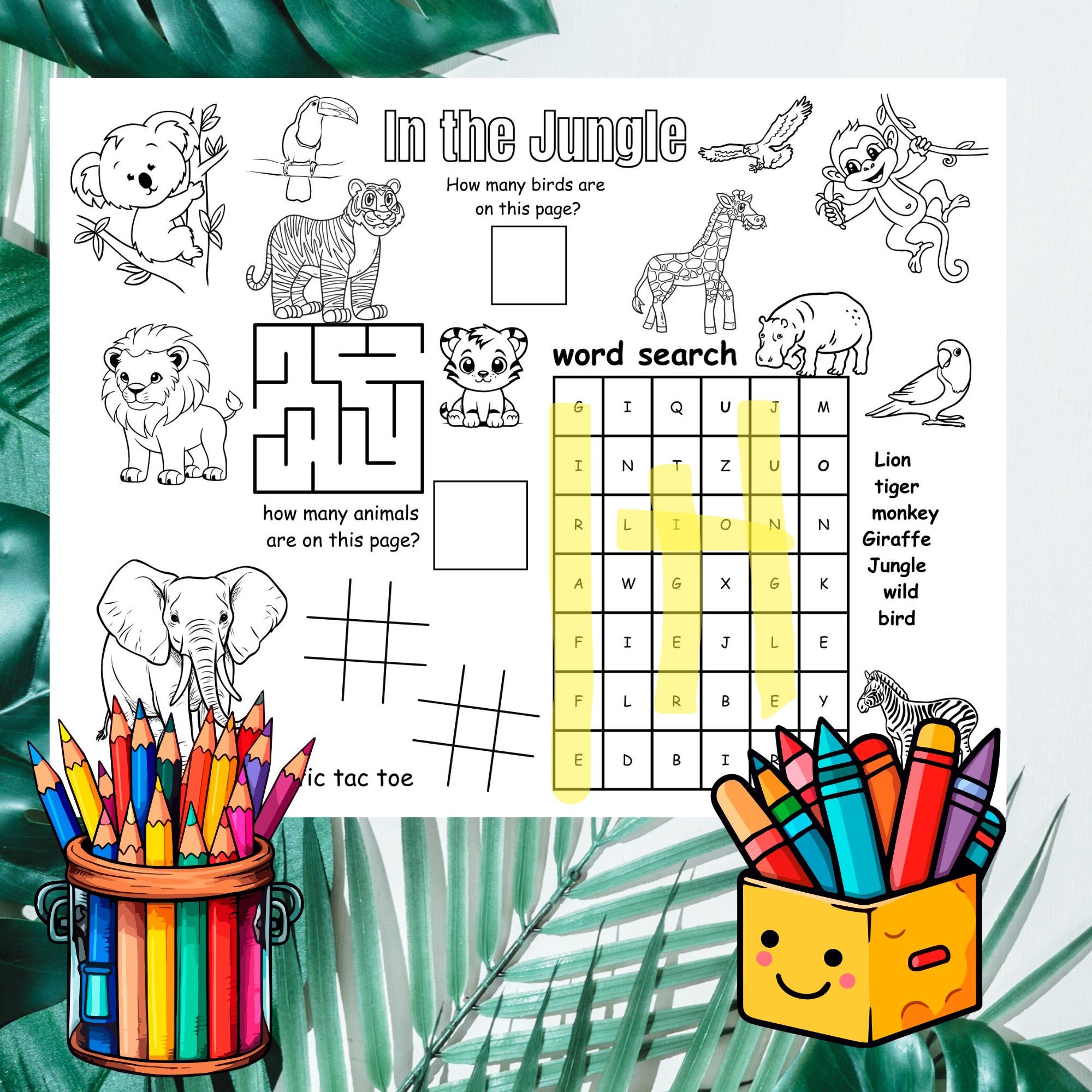 Jungle Animals Activity Coloring Placemat for Kids, Printable Coloring ...