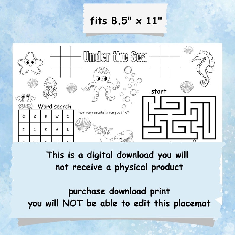 Printable Under the Sea Activity Placemat, Coloring Placemat for Kids ...