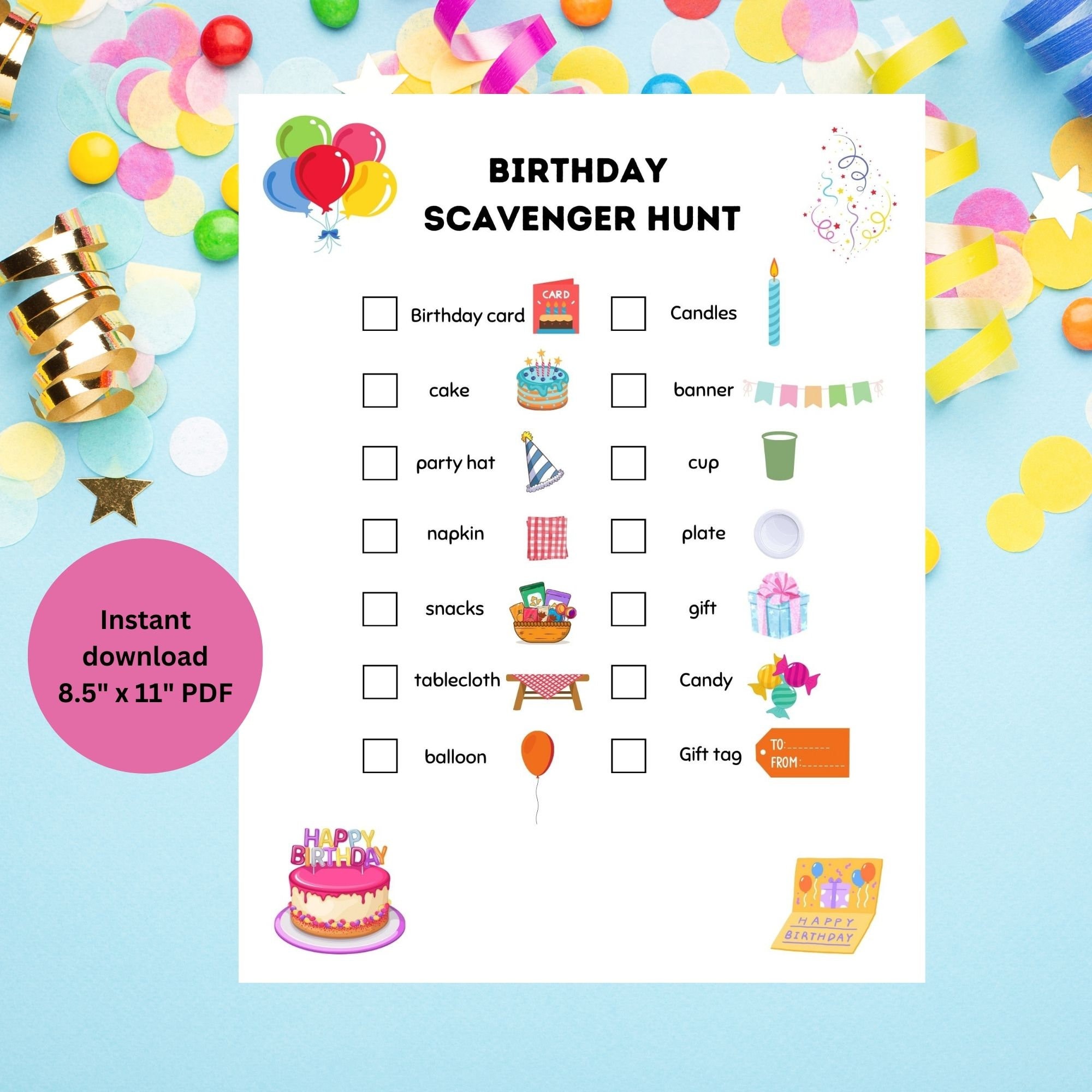 Printable Birthday Scavenger Hunt, Birthday Treasure Hunt for Kids ...