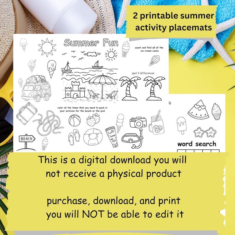 Summer Activity Placemat, Printable Summer Activity Coloring Placemats ...