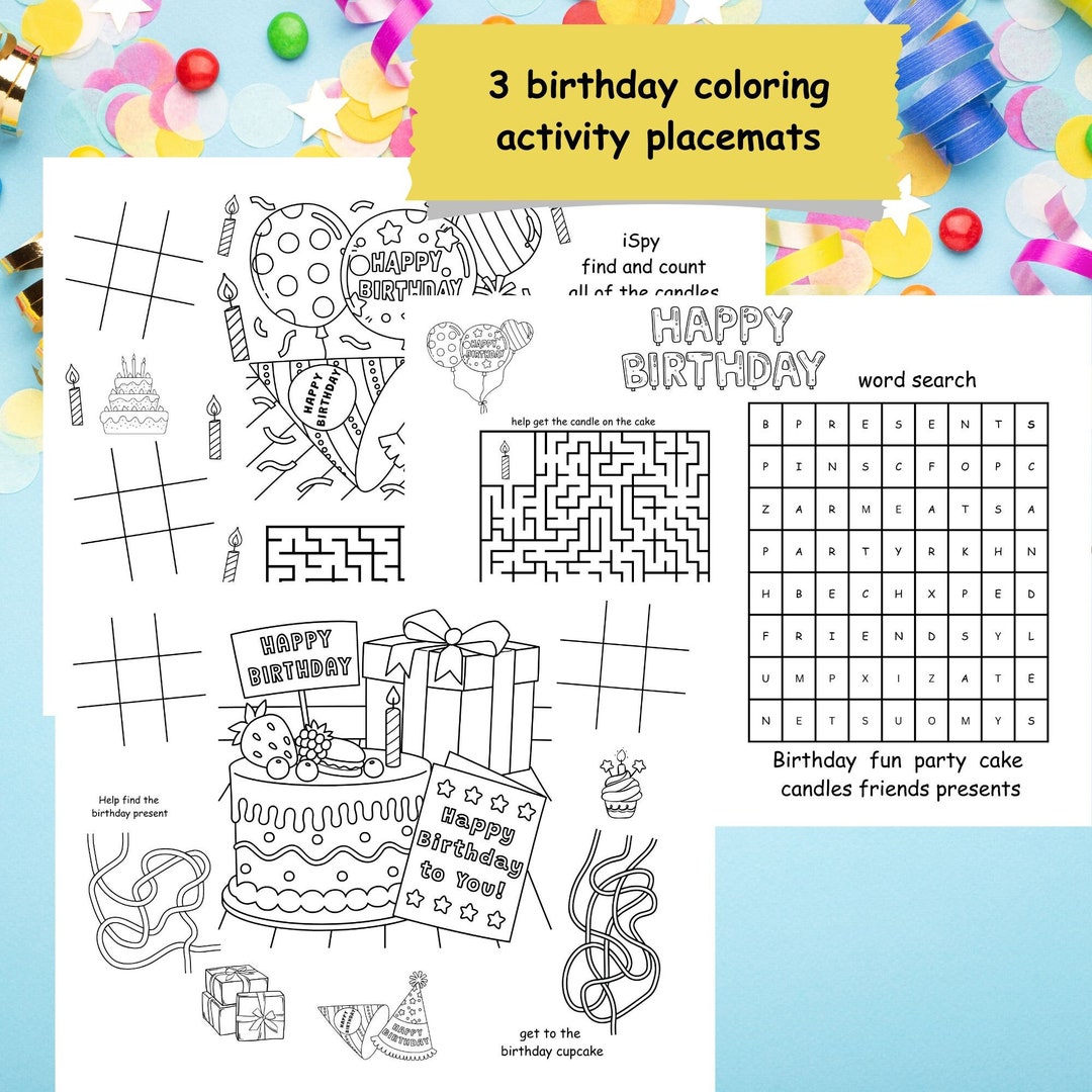 Birthday Party Activity Coloring Placemats, Coloring Placemats for Kids ...