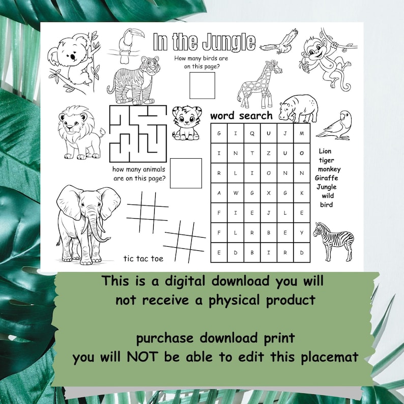Jungle Animals Activity Coloring Placemat for Kids, Printable Coloring ...