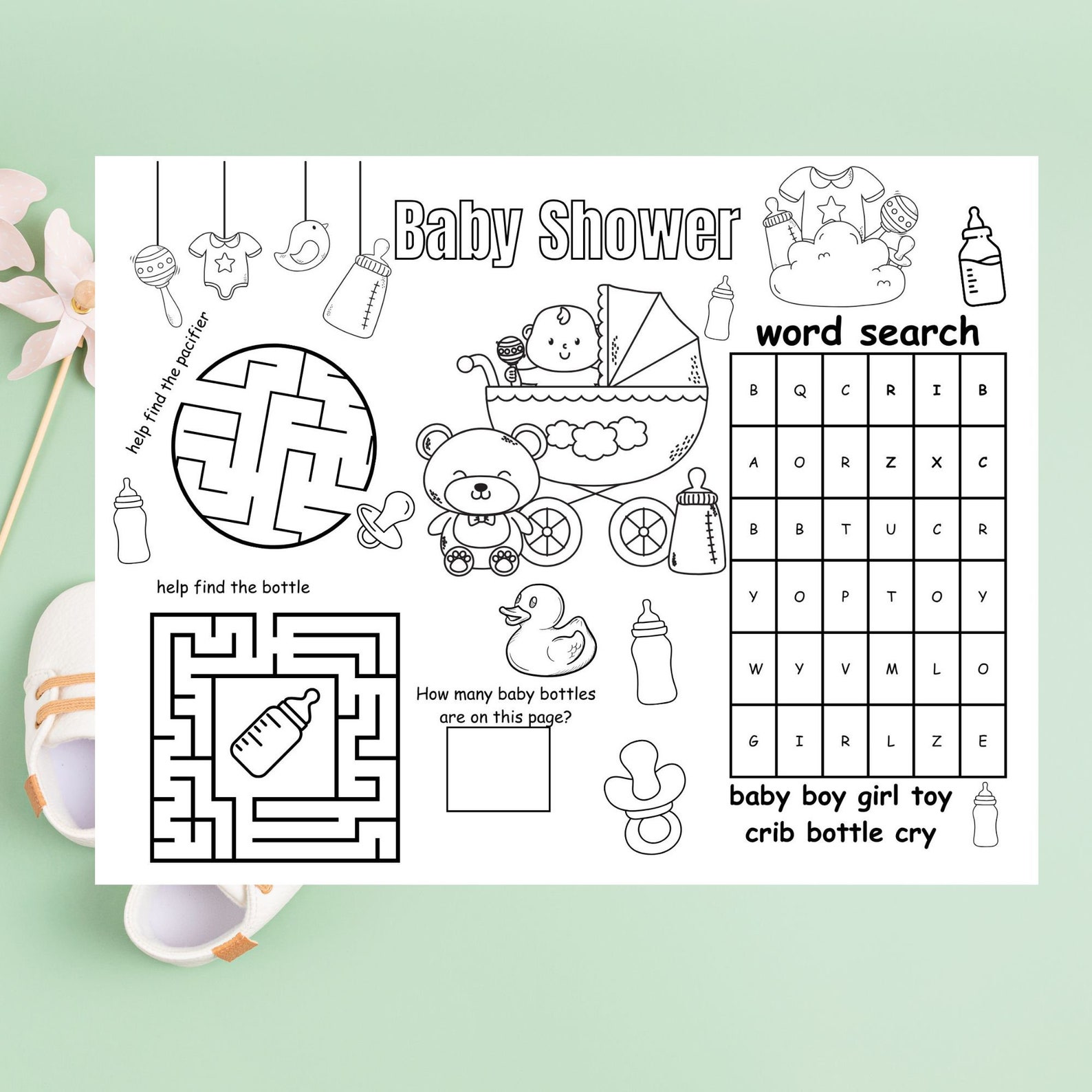Printable Baby Shower Coloring Activity Placemats for Kids, Baby Shower ...