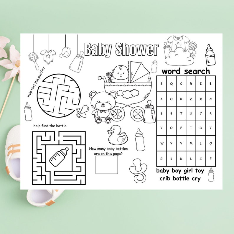 Printable Baby Shower Coloring Activity Placemats for Kids, Baby Shower ...