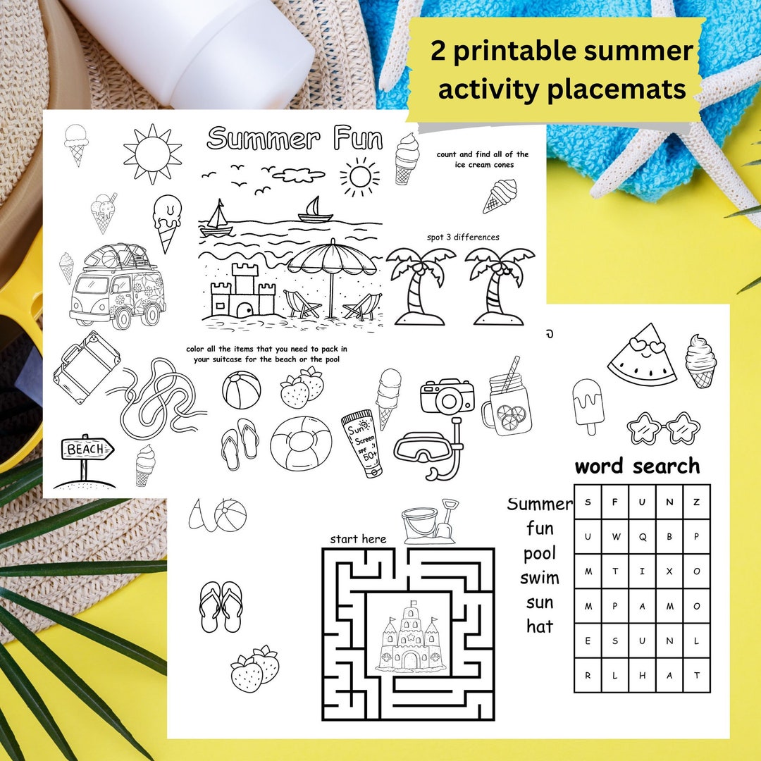 Summer Activity Placemat, Printable Summer Activity Coloring Placemats ...