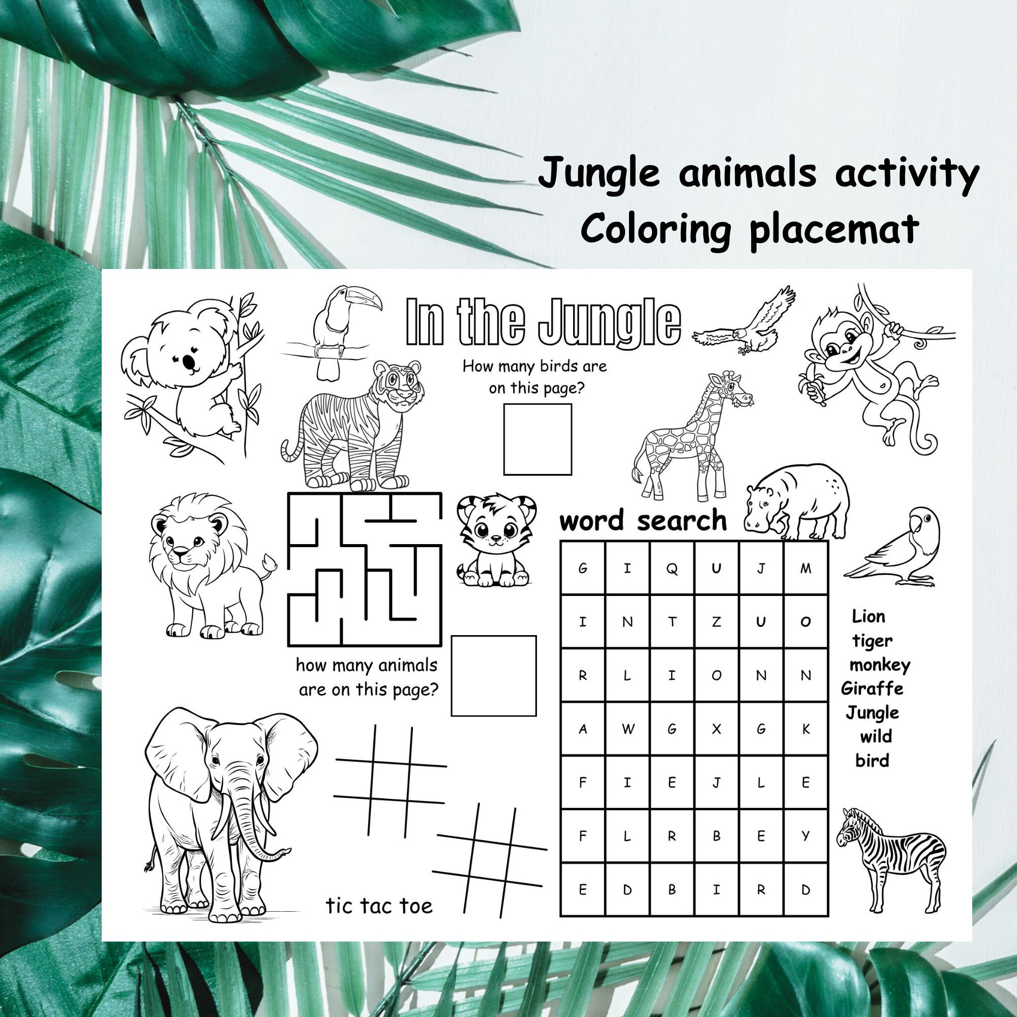 Jungle Animals Activity Coloring Placemat for Kids, Printable Coloring ...