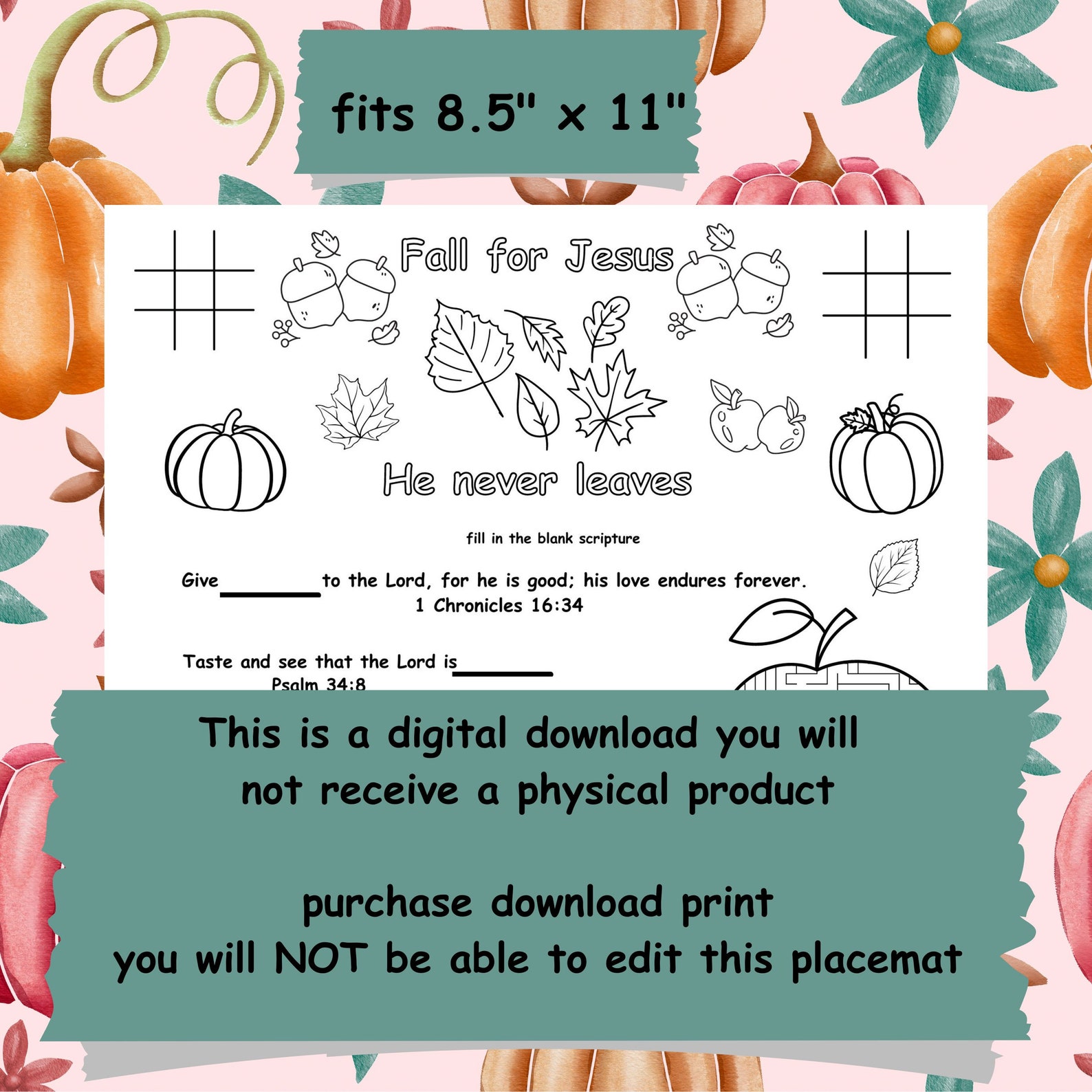 Fall for Jesus Coloring Activity Placemat, Christian Bible Verse ...