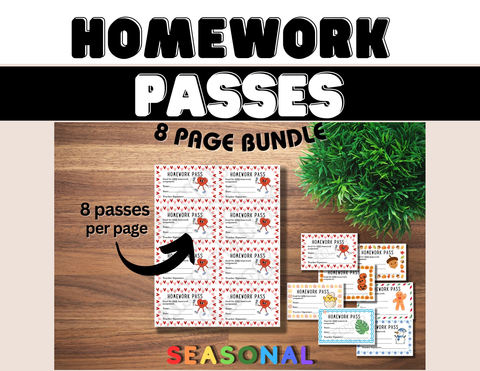 Printable Homework Pass Bundle Seasonal and Colorful 8 Pages - Etsy