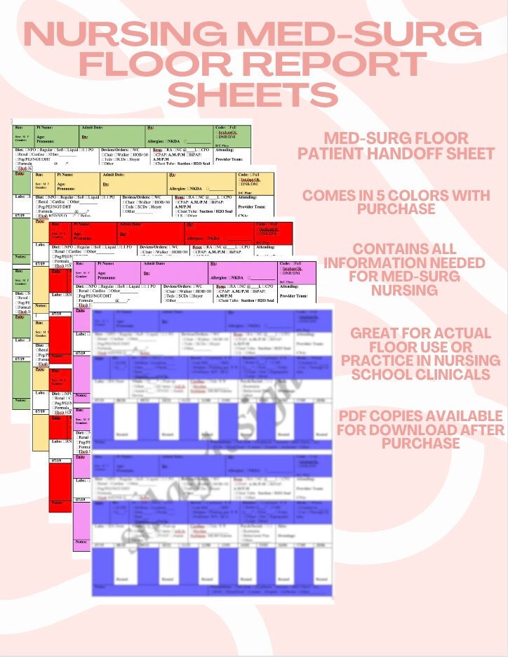 Nursing Med-surg Report Sheets in 5 Colors, Nurse Report Sheets, Report ...