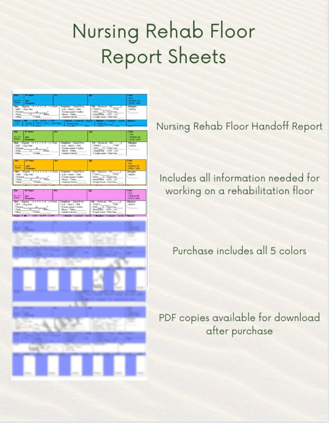 Nursing Rehab Floor Report Sheet in 5 Colors, Floor Report Sheets ...