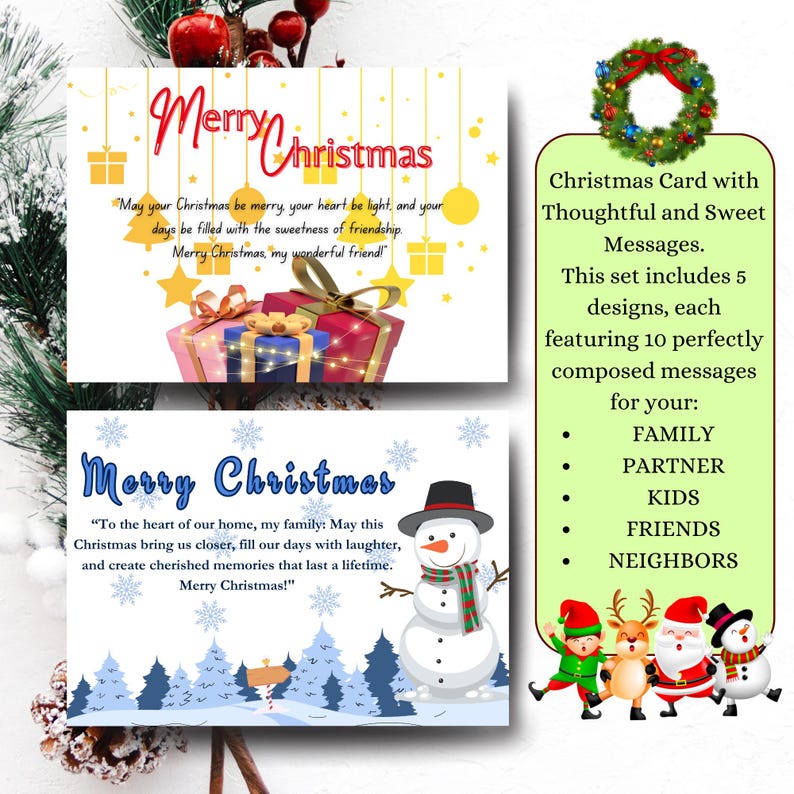 Set of 5 Printable Christmas Cards With Heartfelt Messages Merry ...