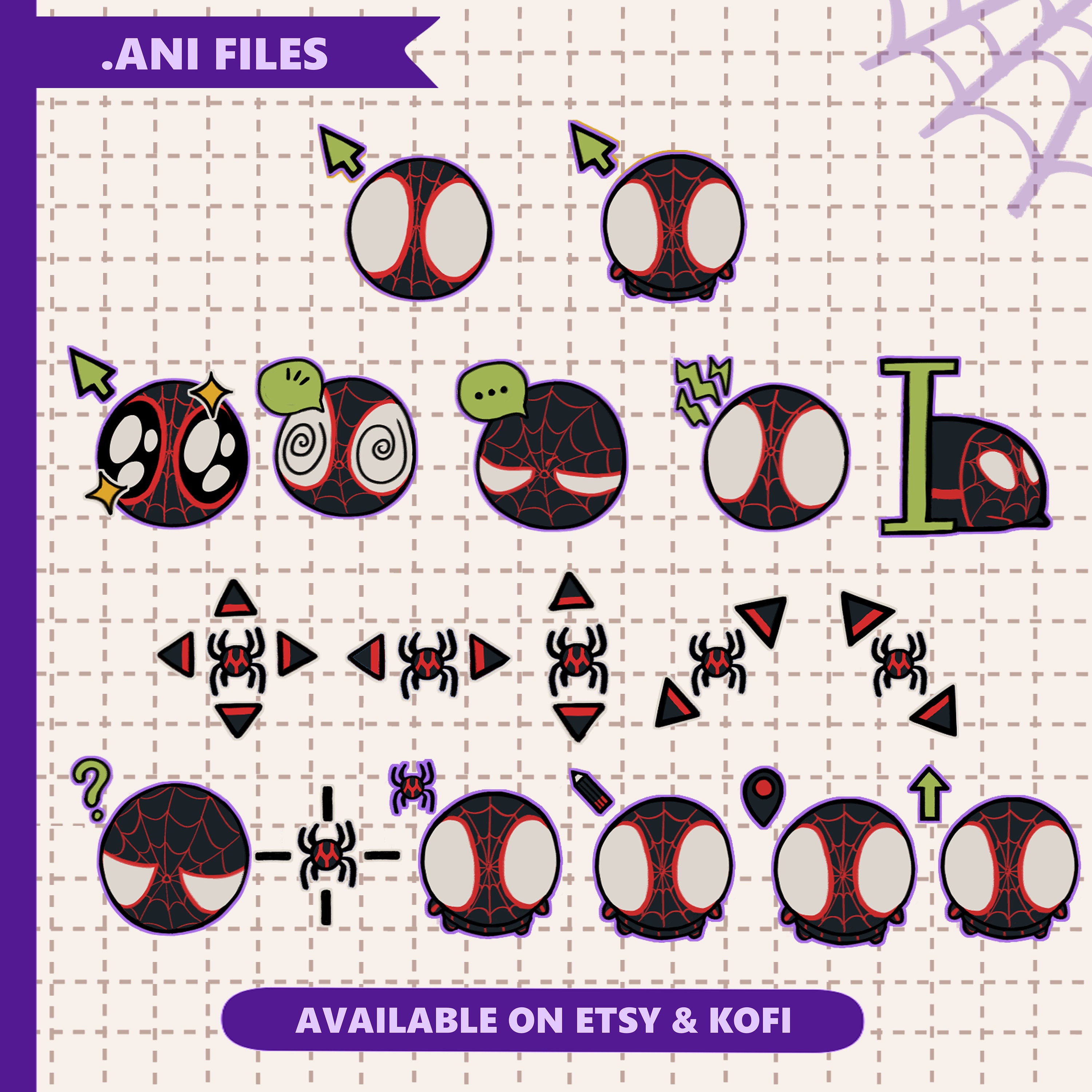 Spiderman Miles Morales Theme Animated Custom Cursor Pack | 18 Cute Hand-drawn Miles Morales ...