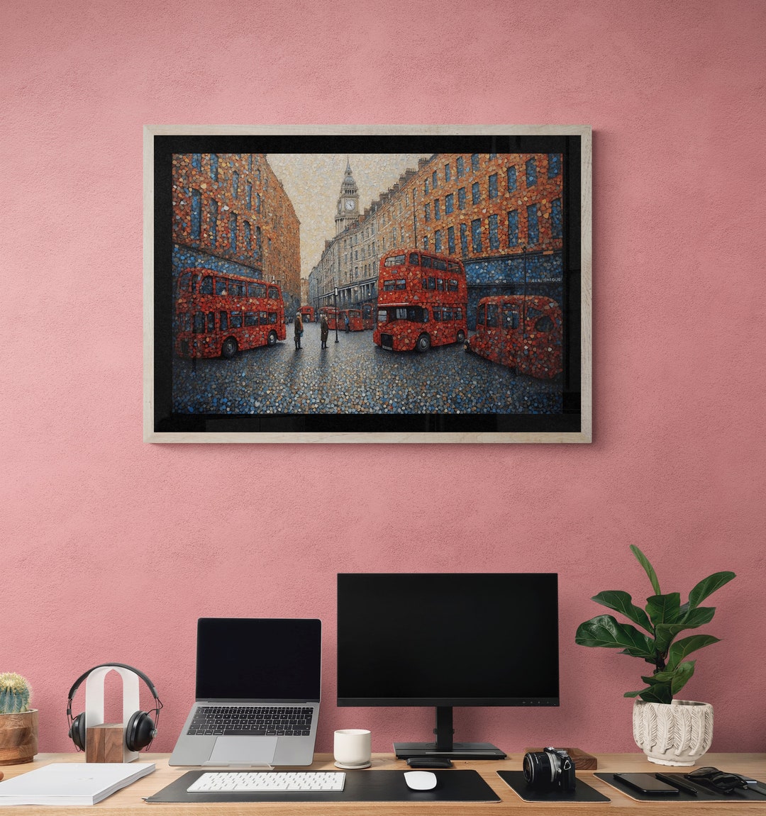 London's Iconic Red Buses Pointillism Giclée Fine Art Print of Big Ben ...