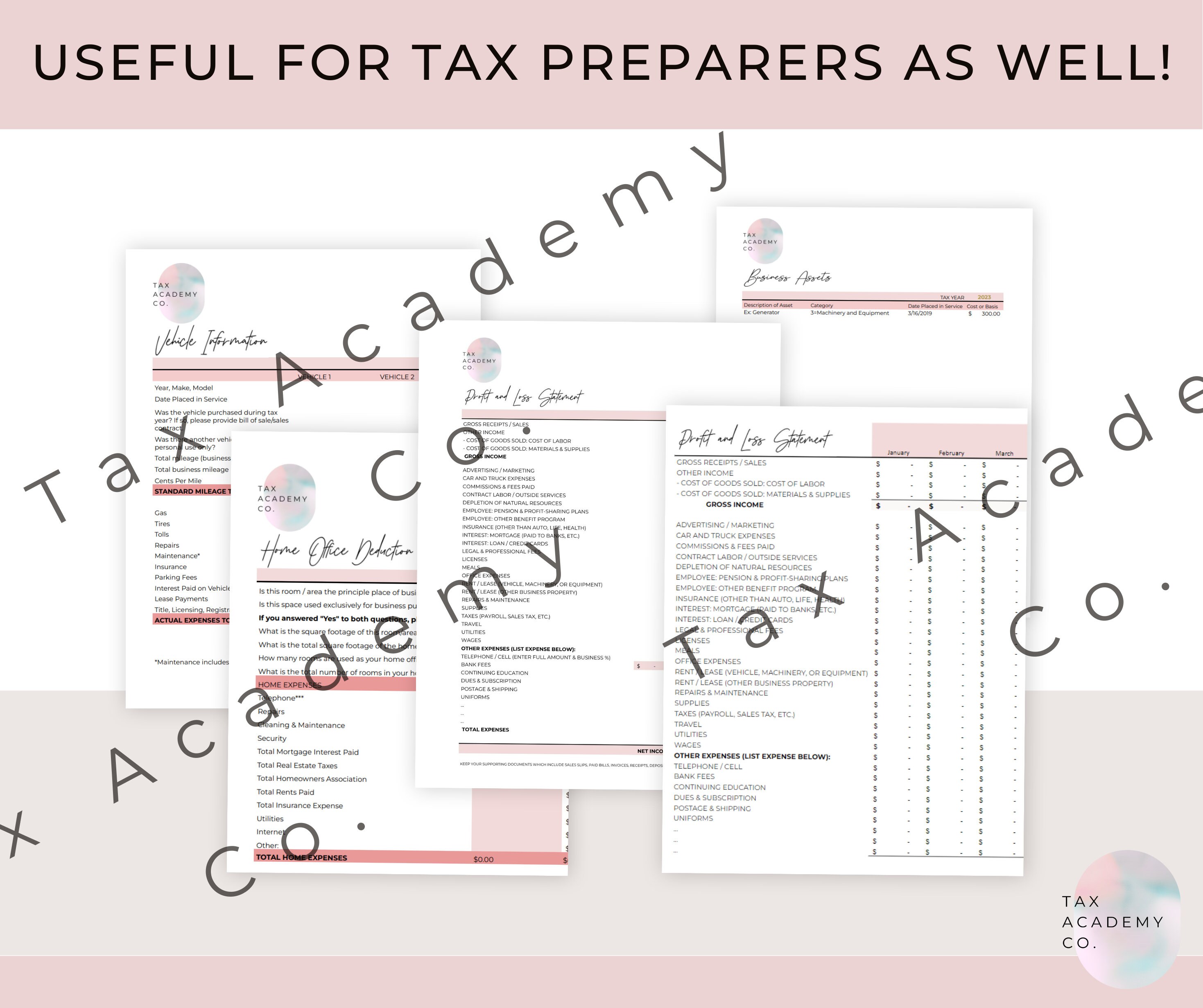Small Business Tax Deductions Worksheets , Profit & Loss , Vehicle ...