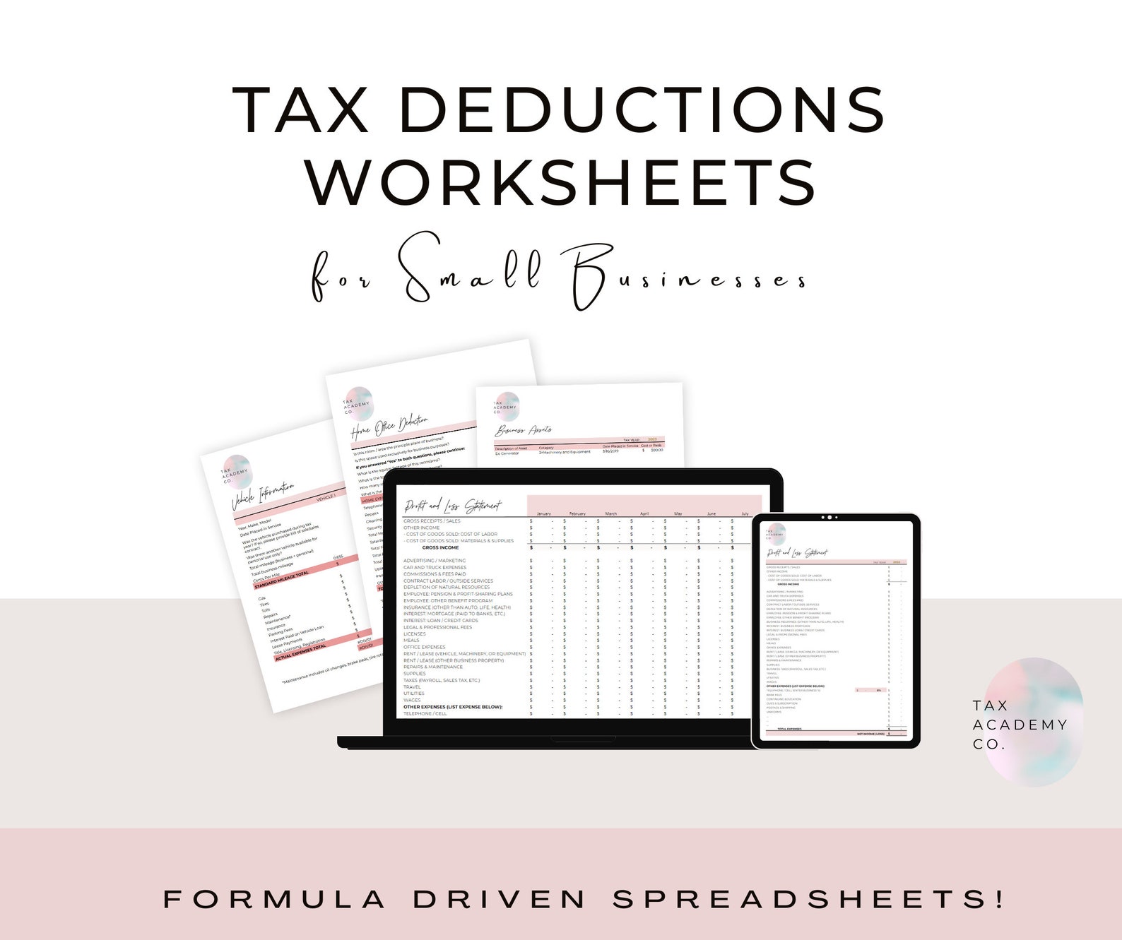 Small Business Tax Deductions Worksheets , Profit & Loss , Vehicle ...