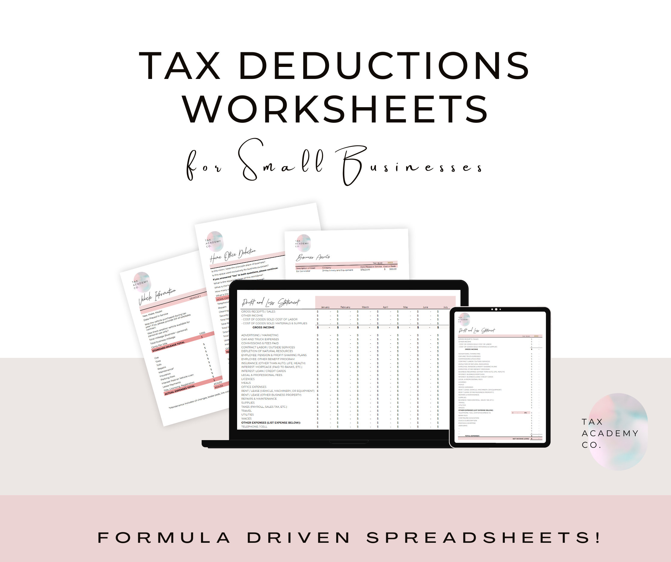 Small Business Tax Deductions Worksheets , Profit & Loss , Vehicle ...