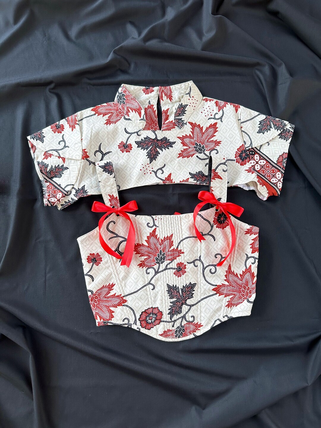 Batik Corset Top Handmade, Batik Cheongsam Red Ribbon, Vintage Corset ...