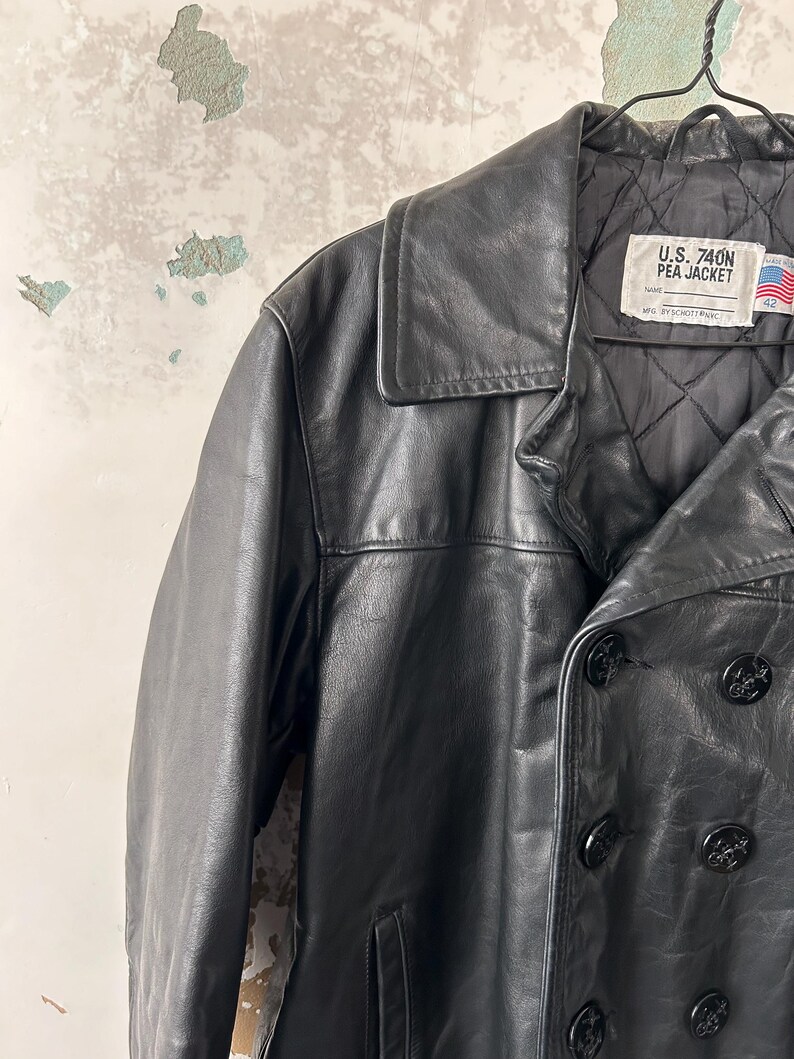 Vintage Schott Us Navy Issue 740n Pea Coat Heavy Leather Jacket Size 42 ...