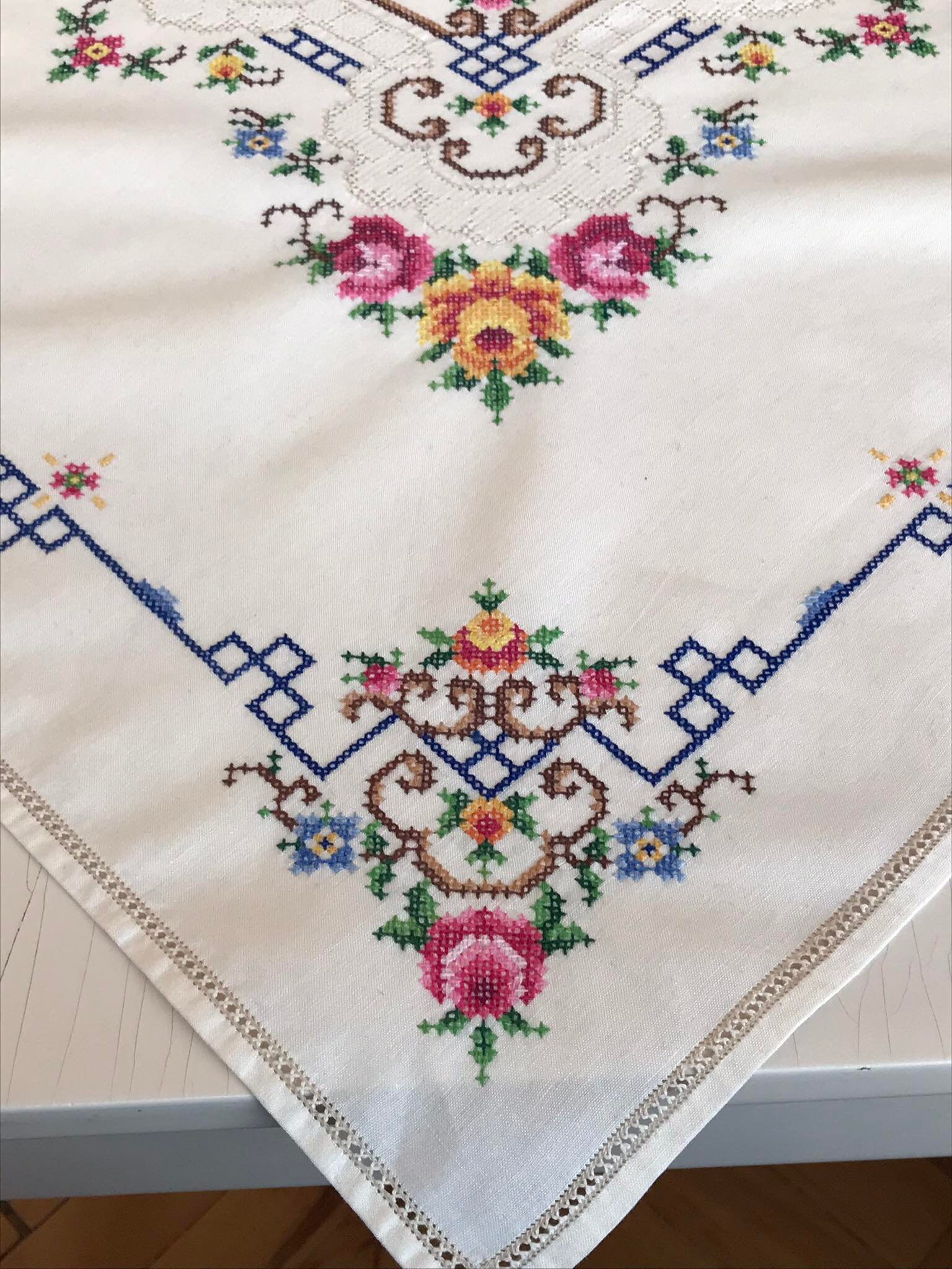 Vintage Handmade Embroidered Cross Stitch Crocheted Tablecloth Flower ...