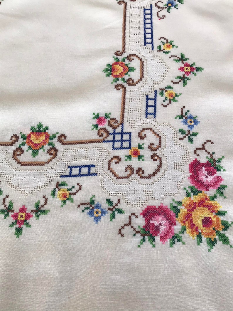 Vintage Handmade Embroidered Cross Stitch Crocheted Tablecloth Flower ...