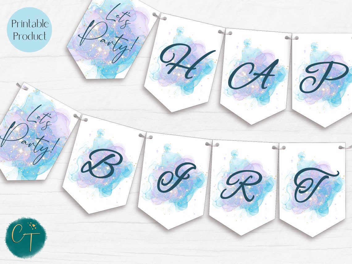 Mermaid Splash Geode Happy Birthday Banner, Let's Party Flags ...