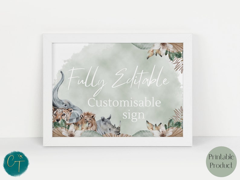 Editable Safari Sign, Customisable Party Table Sign, Jungle Green and ...