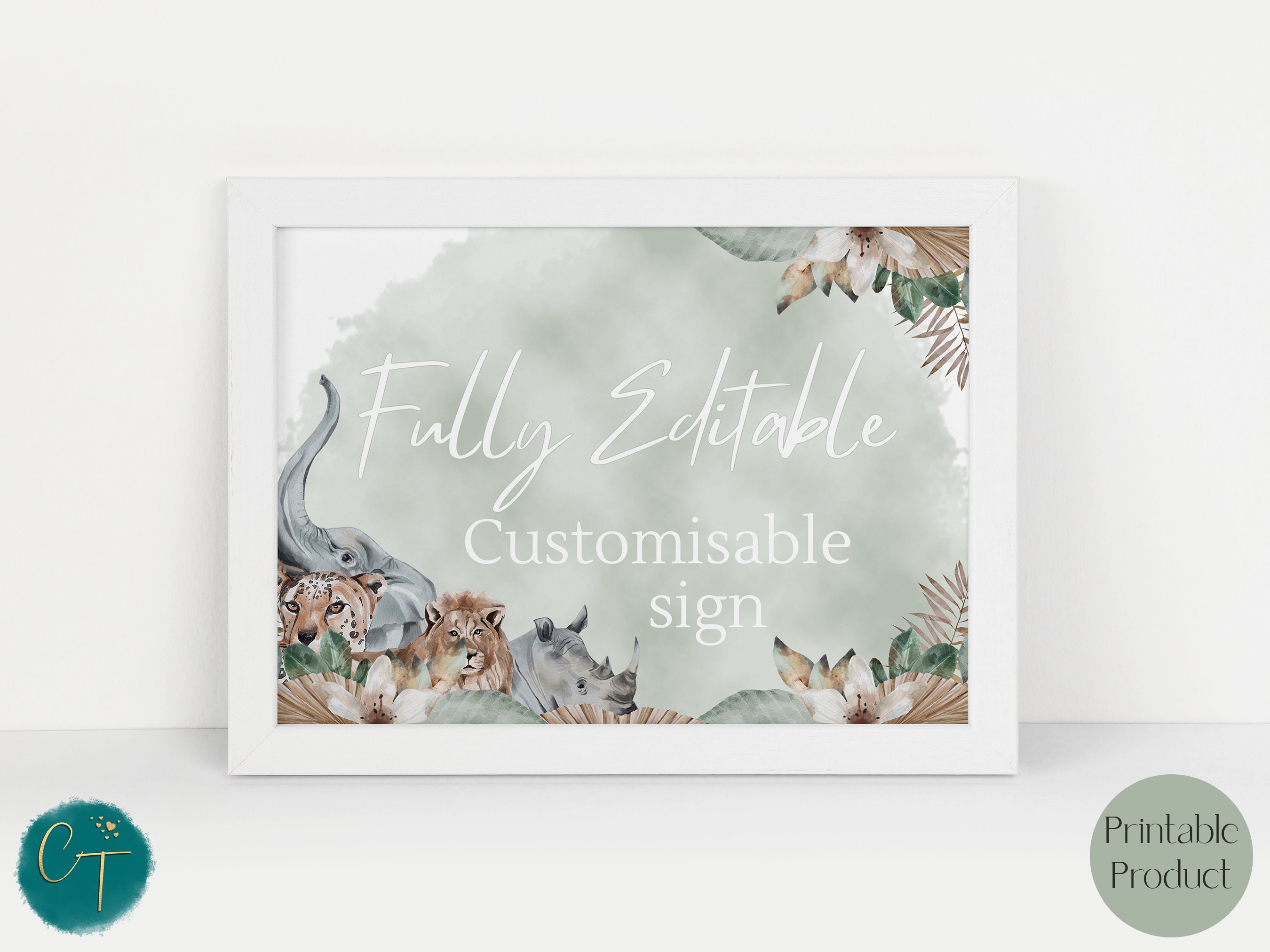 Editable Safari Sign, Customisable Party Table Sign, Jungle Green and ...