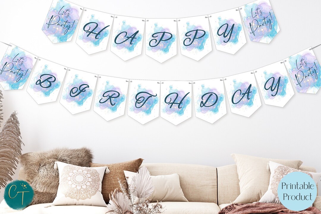 Mermaid Splash Geode Happy Birthday Banner, Let's Party Flags ...