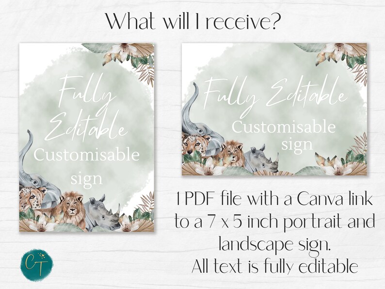 Editable Safari Sign, Customisable Party Table Sign, Jungle Green and ...