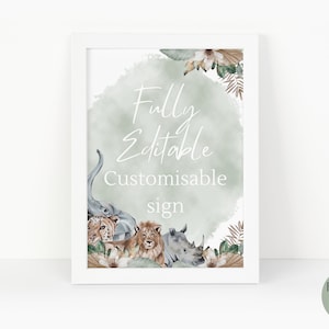 Editable Safari Sign, Customisable Party Table Sign, Jungle Green and ...