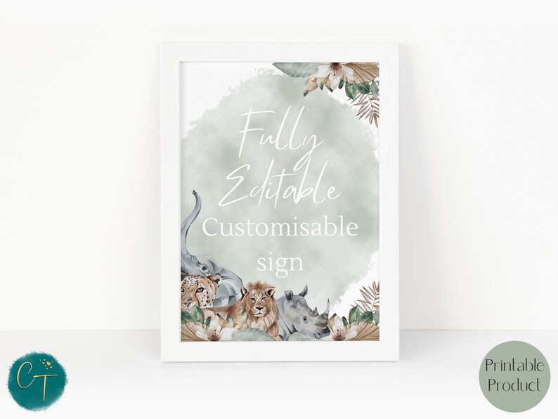 Editable Safari Sign, Customisable Party Table Sign, Jungle Green and ...