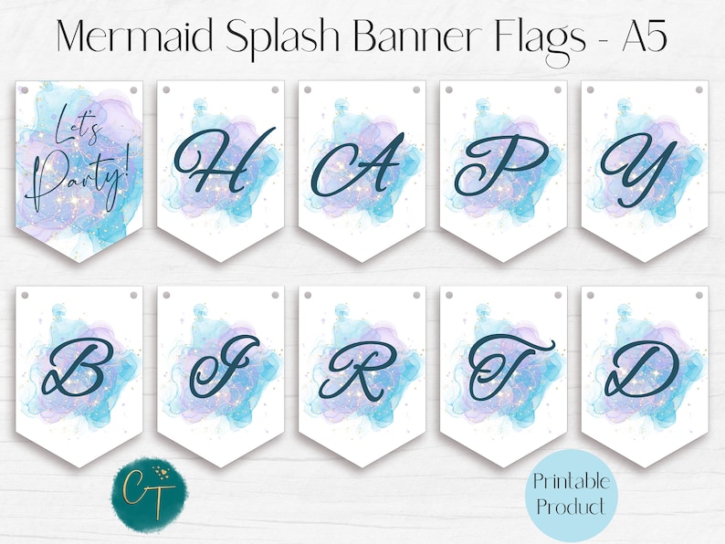 Mermaid Splash Geode Happy Birthday Banner, Let's Party Flags ...