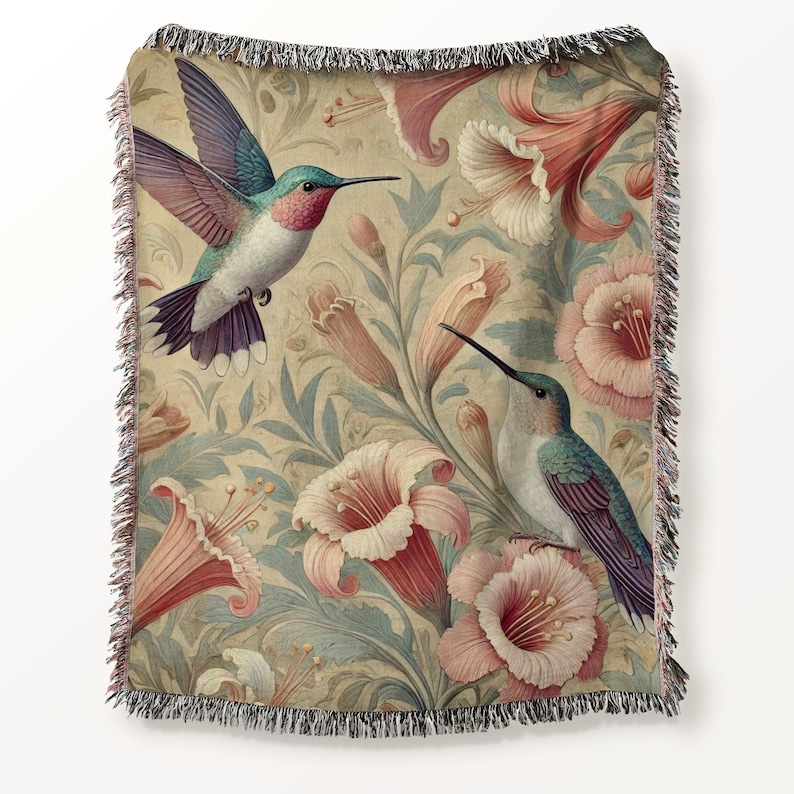 Hummingbirds Woven Blanket William Morris Inspired 100% Cotton Vintage ...