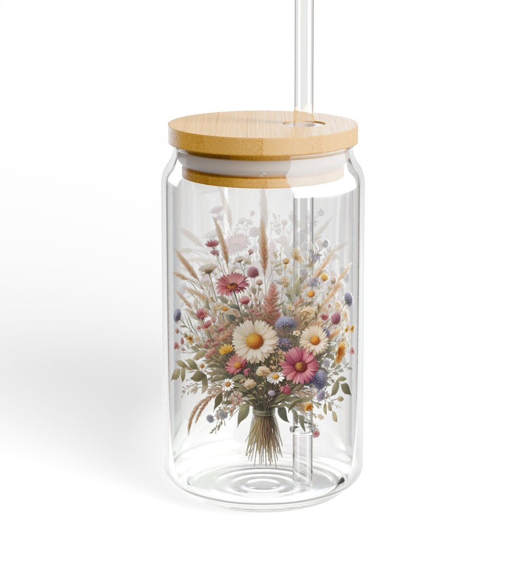 Wildflowers Bouquet Sipper Glass Jar With Lid and Straw 16oz Tumbler ...