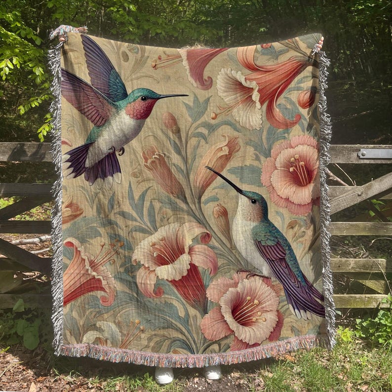 Hummingbirds Woven Blanket William Morris Inspired 100% Cotton Vintage ...