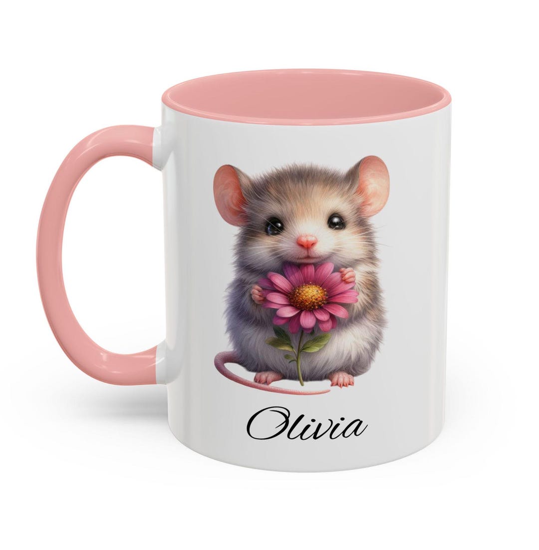 Personalized Mouse Mug Cute Mouse and Flower Accent Coffee Mug Pink or ...