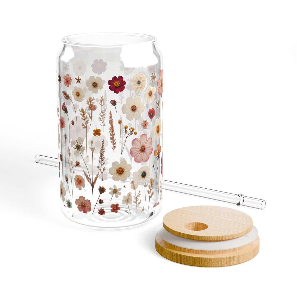 Pressed Flowers Glass Jar With Lid and Straw Wildflowers Glass Tumbler ...