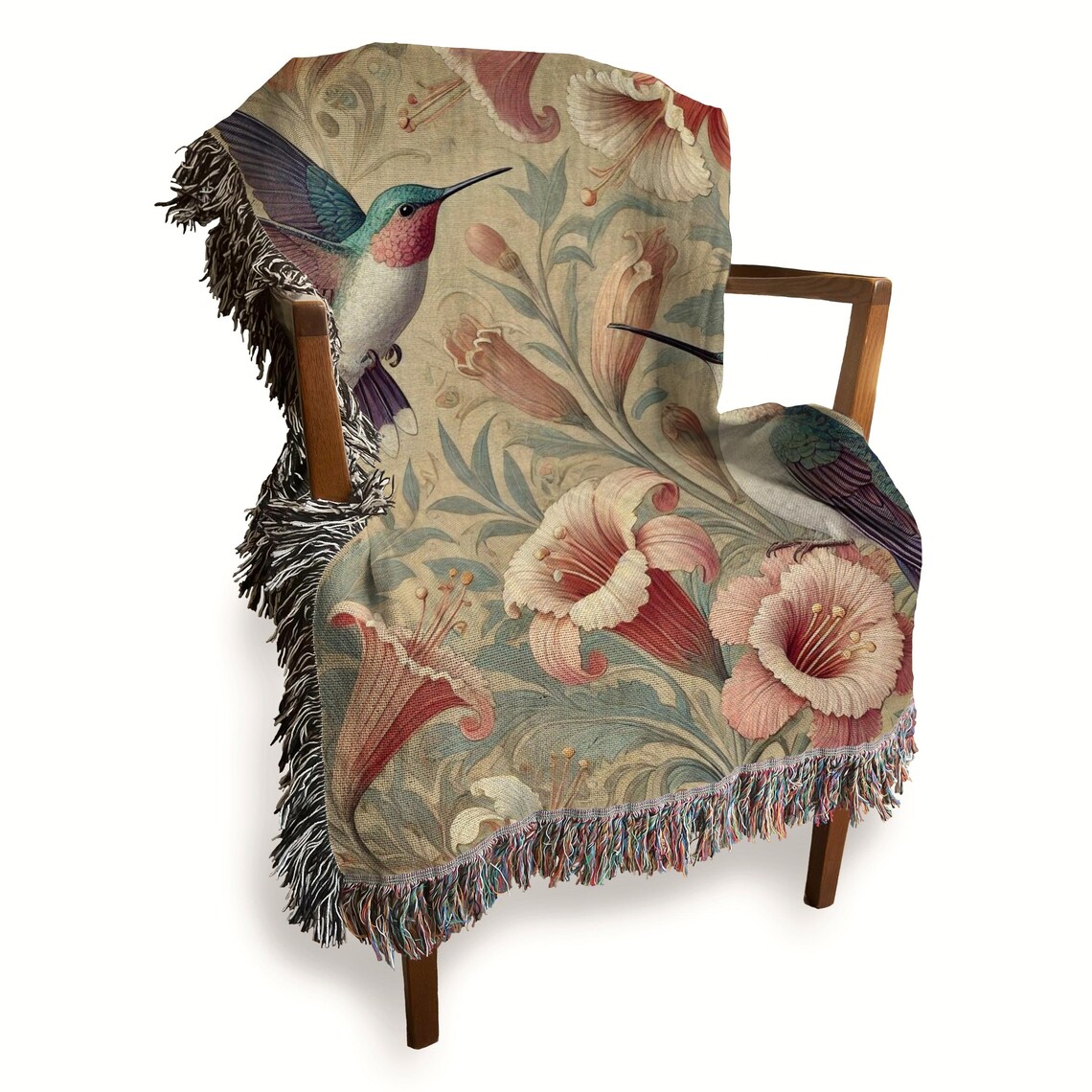 Hummingbirds Woven Blanket William Morris Inspired 100% Cotton Vintage ...