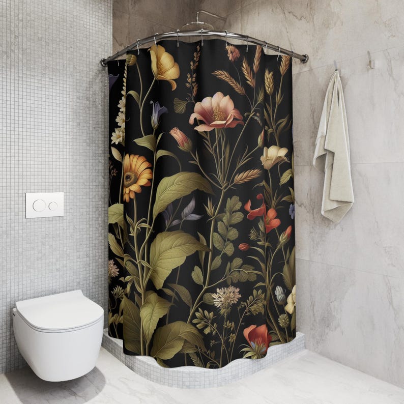 Dark Botanical Shower Curtain Moody Wildflowers Bathroom Dark ...