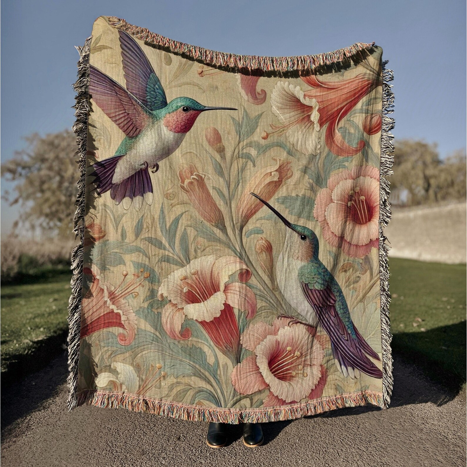 Hummingbirds Woven Blanket William Morris Inspired 100% Cotton Vintage ...
