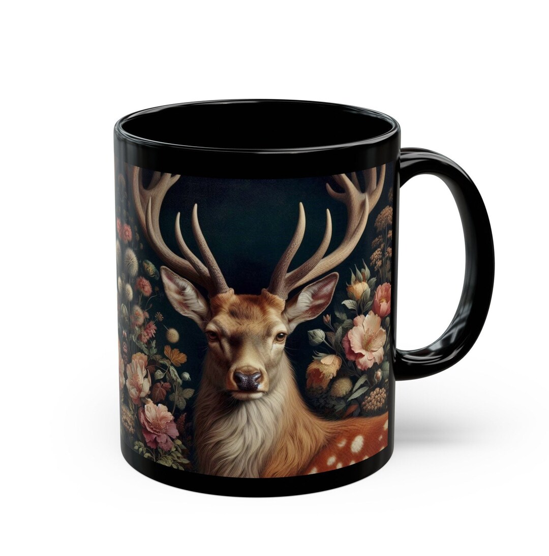 Red Deer Mug William Morris Inspired Stag Black Coffee Mug Floral ...