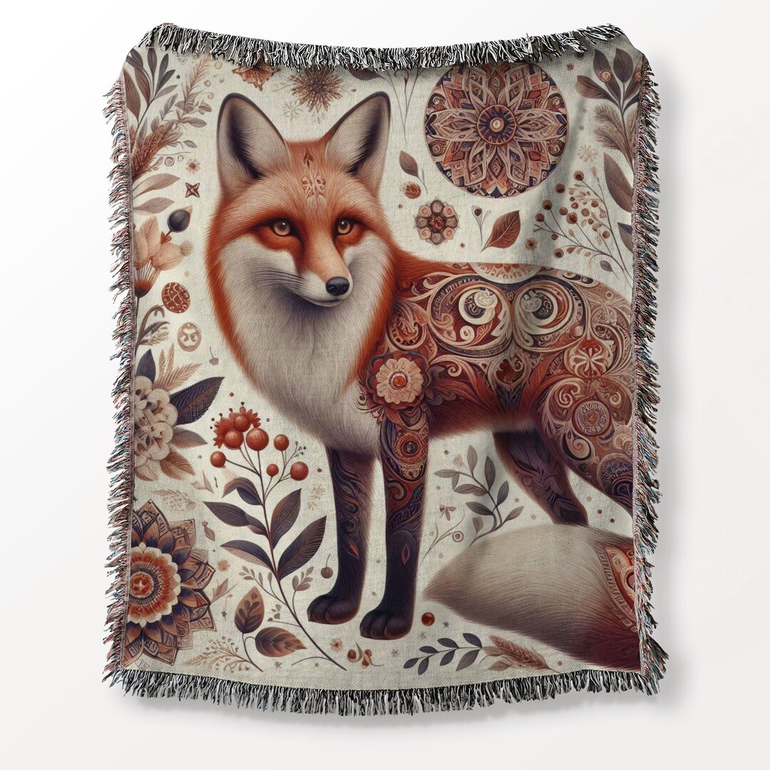 Red Fox Woven Blanket 100% Cotton Rug Scandinavian Home Decor Floral ...