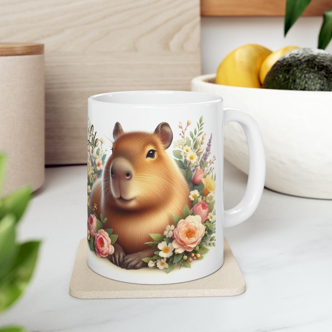 Happy Capybara Mug Cute Capybara and Flowers Ceramic Coffee Mug Animal ...