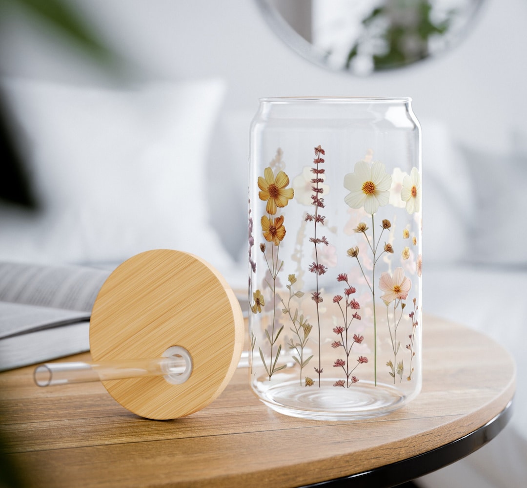 Pressed Flowers Glass Jar With Lid and Straw 16oz Glass Tumbler ...