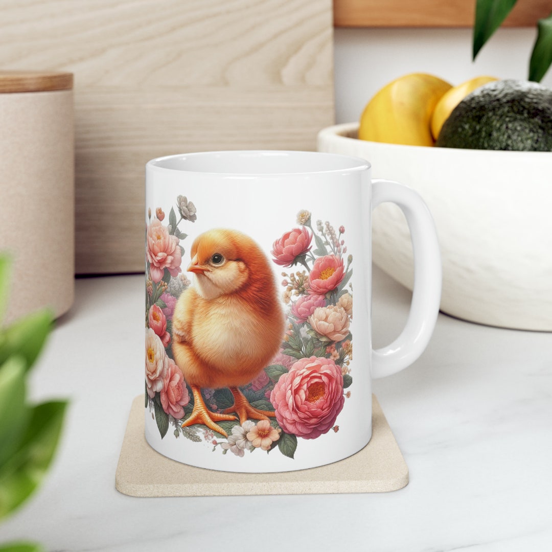 Baby Chicken Mug Cute Chick and Flowers Ceramic Coffee Mug Bird Lover ...