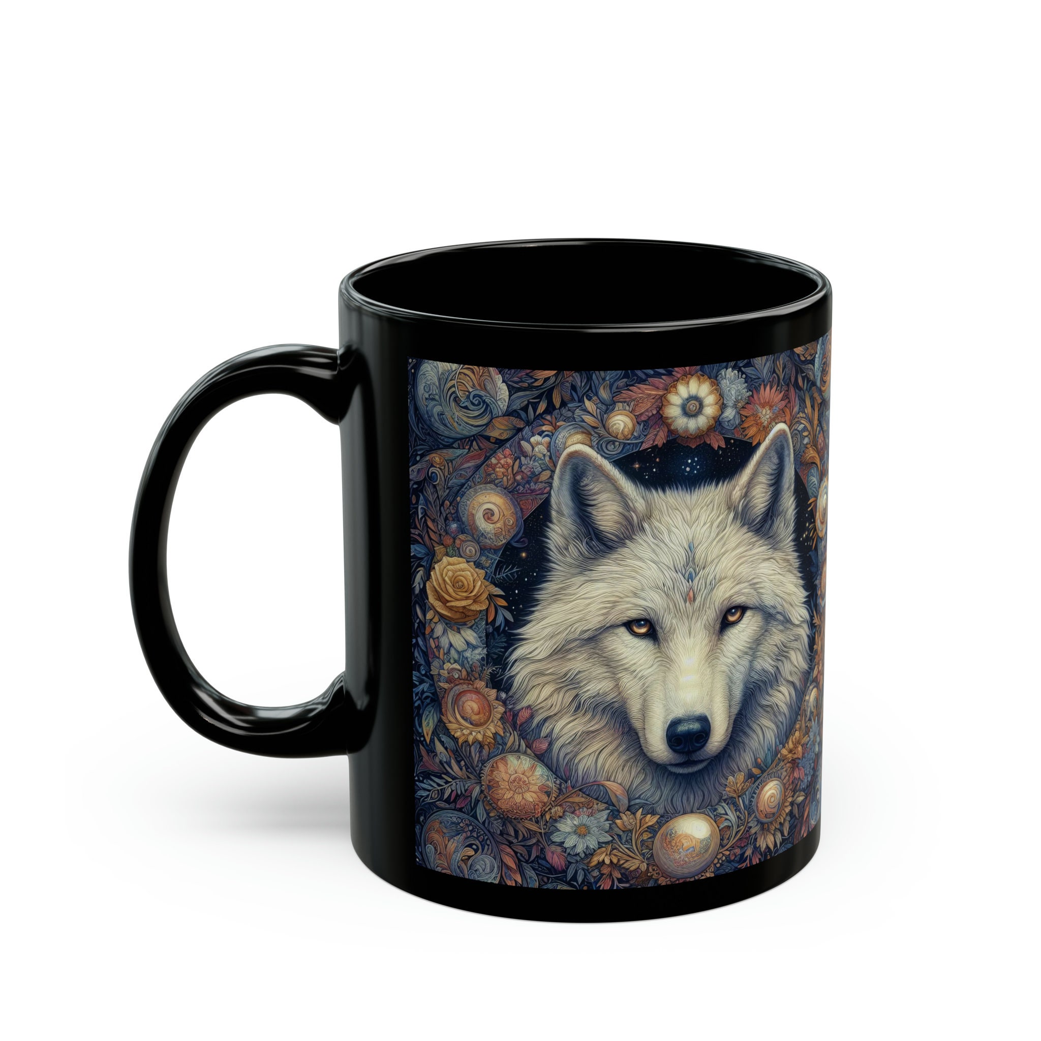 White Wolf Mug William Morris Inspired Black Coffee Mug Enchanted Wolf ...